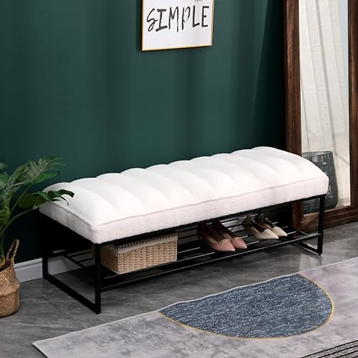 Homaddition Entryway Bench with Shoe Storage, 52" Thickened Cushion Sherpa Upholstered Channel Tufted Ottoman Bench with Shoe Rack, End of Bed Bench for Bedroom (White Sherpa with Shoe Rack)