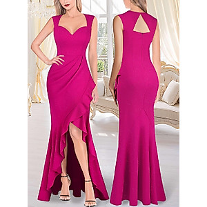 VFSHOW Womens Sexy Ruffle V Neck Ruched Formal Wedding Guest Prom Maxi Dress 2023 Sweetheart Evening Keyhole Back Slit Sparkly Glitter HI-LO Long Cocktail Gown (Hot Pink, Small) 0105 HPIK S