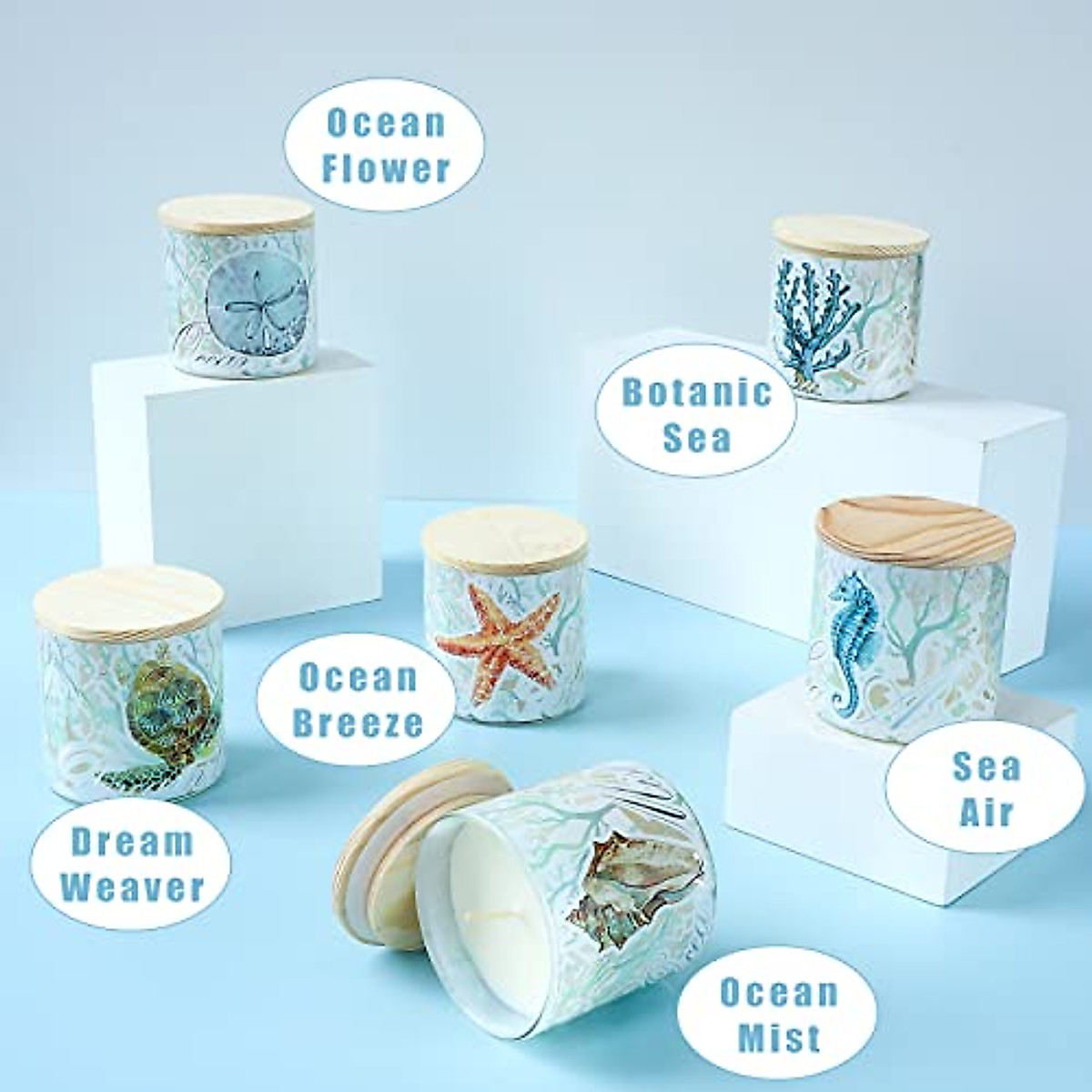 Jar Candles Scented with Lid Gift Set of 6 Ocean Theme Jar Different Fragrance Candles Soy Wax Aromatherapy Jar Candles Take Harsh Smells Away Candles for Home Scented Stress Relief and Relaxation
