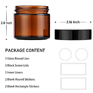 Bumobum 2 oz Glass Jars with Lids, 3 pack Small Jars with White Labels & Inner Liners, Multicolor 60 ml Empty Round Cosmetic Containers for Sample, Powder, Cream, Lotion, Spice
