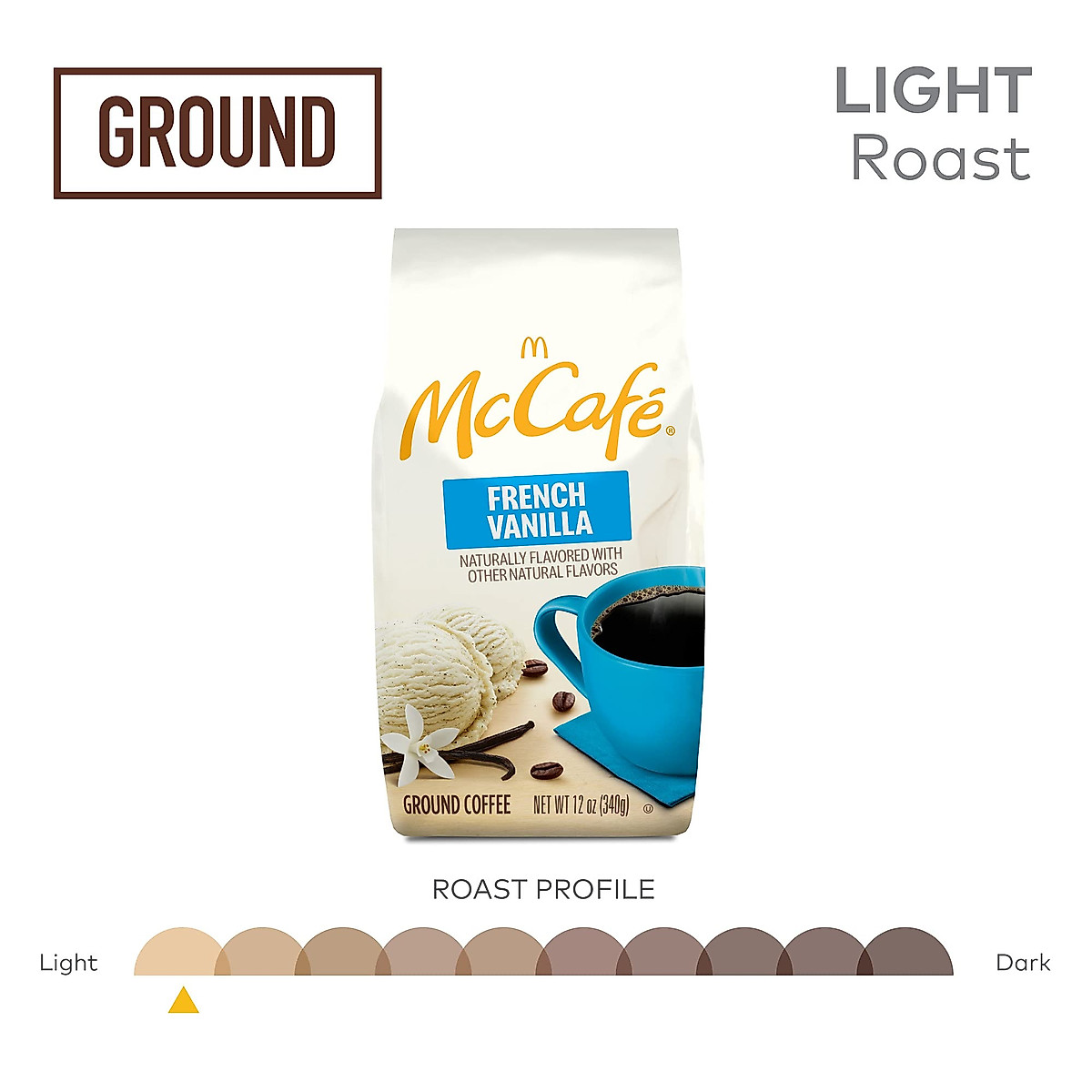 McCafe French Vanilla, Flavored Light Roast Ground Coffee, 12 oz Bag