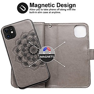 Vofolen 2-in-1 Case for iPhone 11 Case Wallet Credit Card Holder ID Slot Detachable Hybrid Protective Slim Hard Shell Magnetic PU Leather Folio Pocket Flip Cover for iPhone 11 6.1 inch Mandala Grey