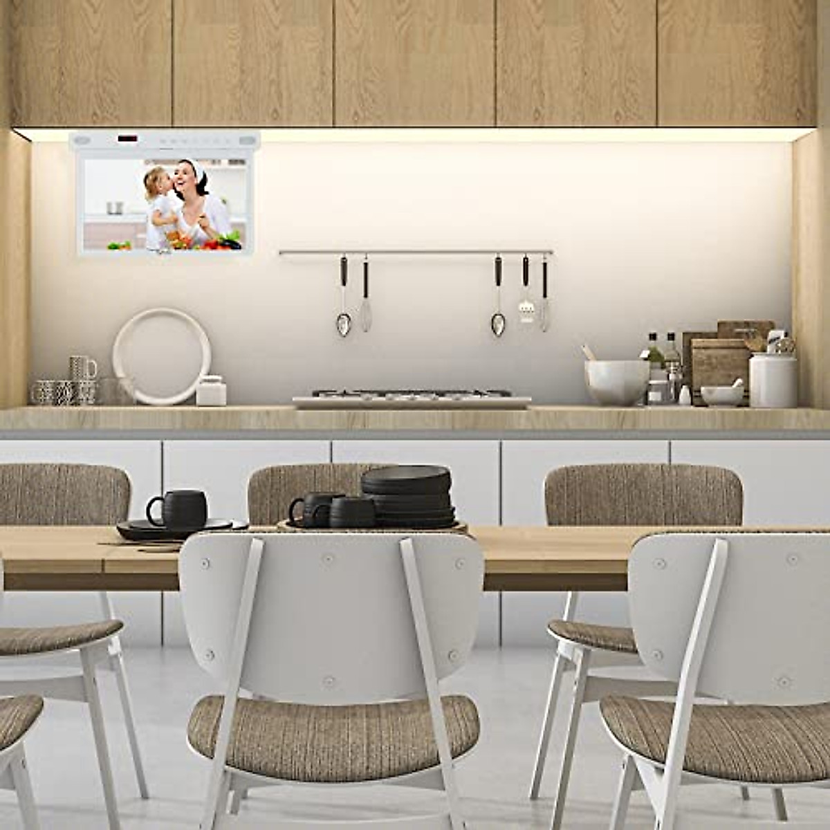 SYLVOX 15.6" Kitchen Smart TV Flap Down Screen TV Google TV Supports LED Clock Alarm Clock WiFi & Wireless Connection, Storage Design, can be Installed in The Bottom of The Cabinet (KT16A0KGGA)