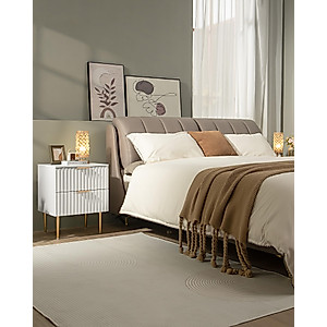 SICOTAS White Night Stand Set 2, Wide Fluted Nightstand with 2 Drawers, Modern Glossy Storage Bedside Table for Bedroom, End Side Table with Golden Metal Legs and Handles（2, White）