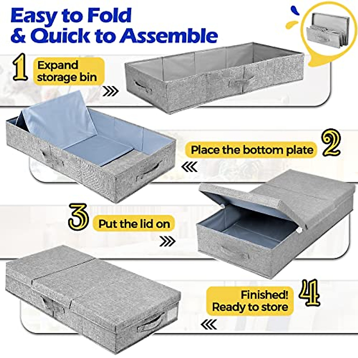 Under Bed Storage, 2 Pack Large Underbed Storage Containers with Lids, Foldable Under Bed Clothes Storage Bins with Handle, Under Bed Storage Organizer Box for Clothes Blankets Shoes Pillows (Grey)