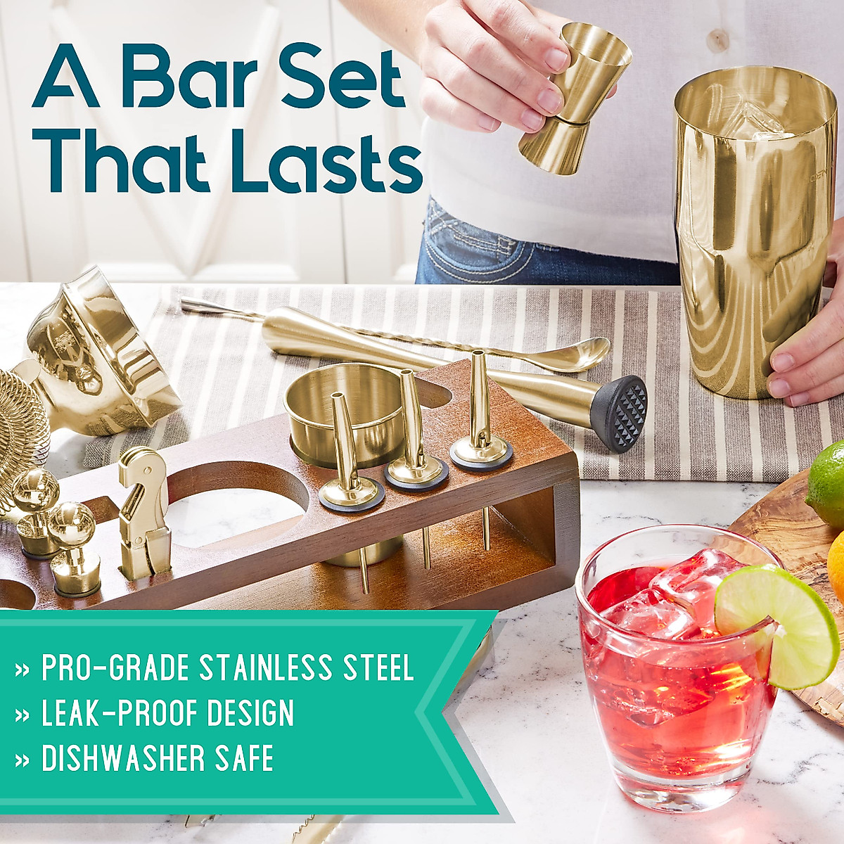 Mixology Bartender Kit: 23-Piece Bar Set Cocktail Shaker Set with Stylish Bamboo Stand | Perfect for Home Bar Tools Bartender Tool Kit and Martini Cocktail Shaker for Awesome Drink Mixing (Gold)