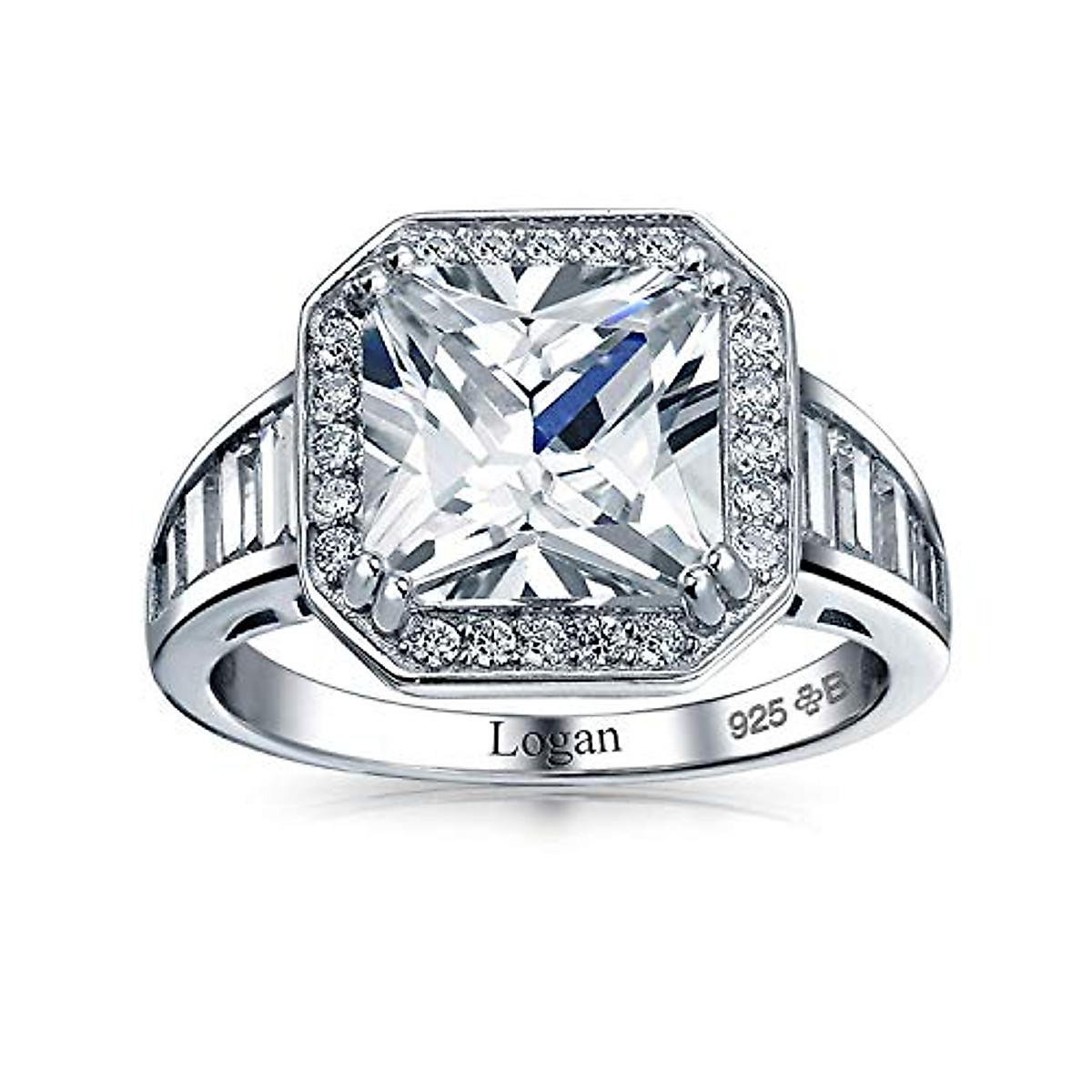 Personalize Art Deco Style 5CT AAA CZ Side Baguette Stones Halo Square Promise Solitaire Princess Cut Engagement Ring For Women .925 Sterling Silver Custom Engraved