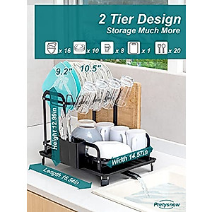 pretysnow Dish Drying Rack with Drainboard - 2 Tier Dish Racks for Kitchen Counter, Large Dishes Drainer with Auto Drainage, Carbon Steel Disk Strainer Set, Black