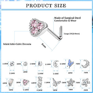 DOLOTTA 12PCS 20G Surgical Steel Nose Rings Studs for Women Men CZ Moon Star Butterfly Nose Rings L Shaped Opal Snowflake Flower Nose Studs Silver