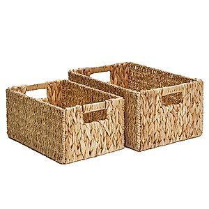 Wicker Storage Basket with Built-in Handle, Water Hyacinth Storage Basket for Shelf/Cabinet, Square Wicker Basket for Towel/Book/Magazine/Toy/Blanket/DVD, Set of 2, Large and Small