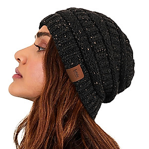 Winter Knitted Satin Lined Hats for Women Slouchy Cable Beanie Silky Soft Washed Warm Hat Black
