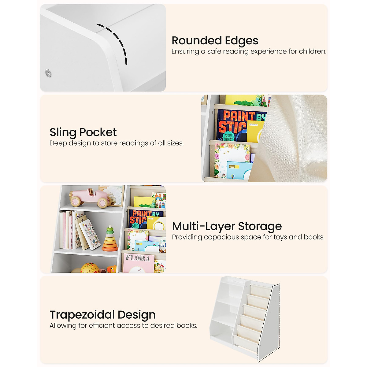 CHOEZON 4-Tier Kids Bookshelf and Toy Storage, 6 Layer Fabric Toddler Bookshelf, Kids Toy Storage Organizer, Sling Kids Bookcase, for Playroom, Bedroom, Nursery, Classroom, White MCW05WT