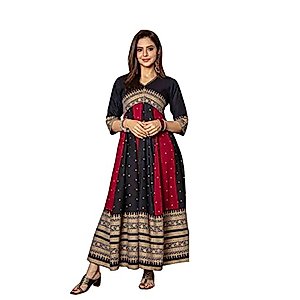 FIDOZA Women's Rayon Printed Anarkali Embroidery Kurti | Pakistani Style Rayon Printed Kurti For Women | Ready to wear (Black, XL)