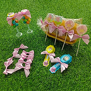 AKLVBL 25 Pack Set Satin Ribbon Bows Pretied Bows with Sticky Gel Pads for Treat Bags, Gift Bags, Bakery Candy Bags and Package Decorating or Gift Decorating (Light Pink)