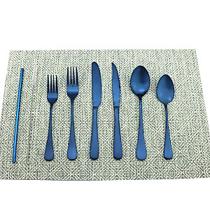 Uniturcky Durable Silverware Flatware Cutlery Set, Food Safe Grade Stainless Steel Utensils 24-Piece Service for 4,Include Knife/Fork/Spoon/Metal Straws/Cleaning Brus, Dishwasher Safe (Matte Blue)