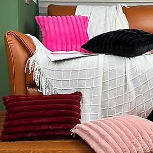 12x20 Throw Pillow Covers Set of 2, Decorative Faux Fur Covers for Bed, Couch Soft Fluffy Pillow Cover with Velvet Back for Living Room, Neutral Home Décor Accent for Sofa - Wine Red