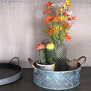 Farmway Decorative Galvanized Metal Round Serving Tray with Handles, Indoor and Outdoor Rustic Farmhouse Decor Food Serving Tray - Grey Green - 12.6”L × 9.8”W × 5.3”H