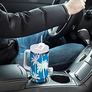 DIGTIA Stainless Steel Insulated Tumbler w/Handle & Straw, Palm Trees Colorful Double Wall Vacuum Travel Coffee Mug Cup w/Lid, Leak-Proof Sports Summer Water Bottle,30oz