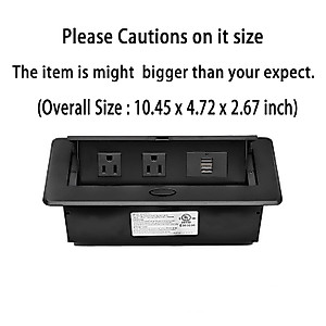 UL Listed Power Strip, Kungfuking Pop Up Power Cover Box Desktop Socket with Dual USB Charging Ports, Stainless Steel Receptacle Outlet for Conference Room Countertop (Black)