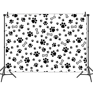 MAQTT Black Puppy Paw Print Backdrop Decoration for Baby Shower White Bone Photo Background Kids Birthday Party Supplies Wall Paper Table Decor Photo Props 5x3ft