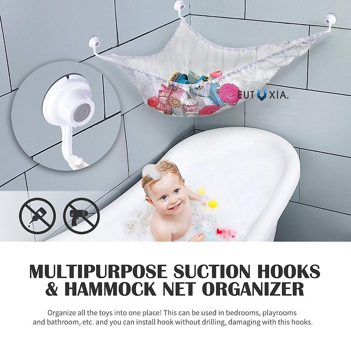 Eutuxia Toy Storage Hammock + Hooks Bundle. Large Organizer for Stuffed Animals, Balls, Toys, Etc. Great Way to Organize Kids & Children's Rooms, Bathrooms. Secure Mesh Net with Strong Adhesive Hooks.