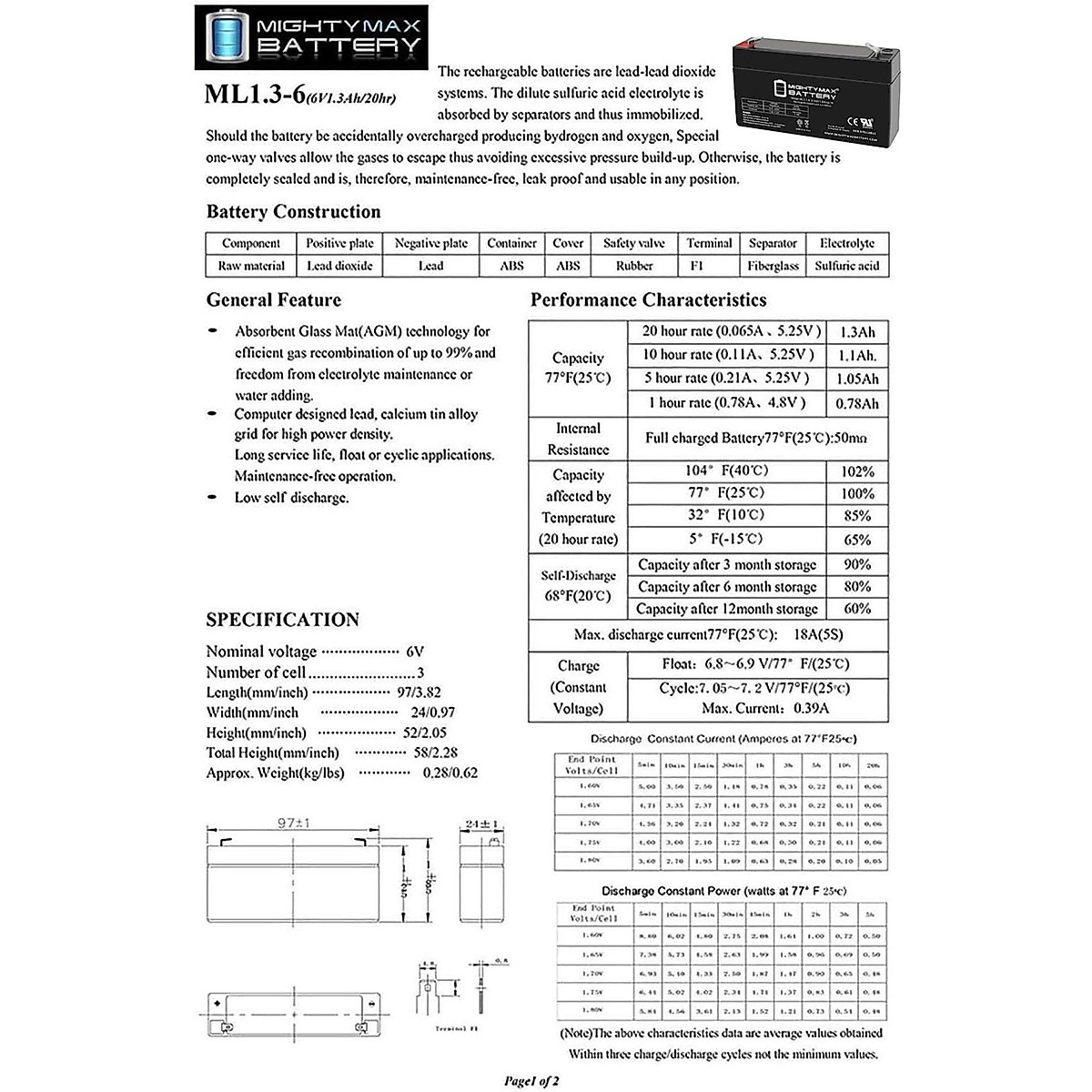 Mighty Max Battery 6V 1.3Ah Replacement Battery Compatible with PANASONIC LC-R061R3PU RECH.