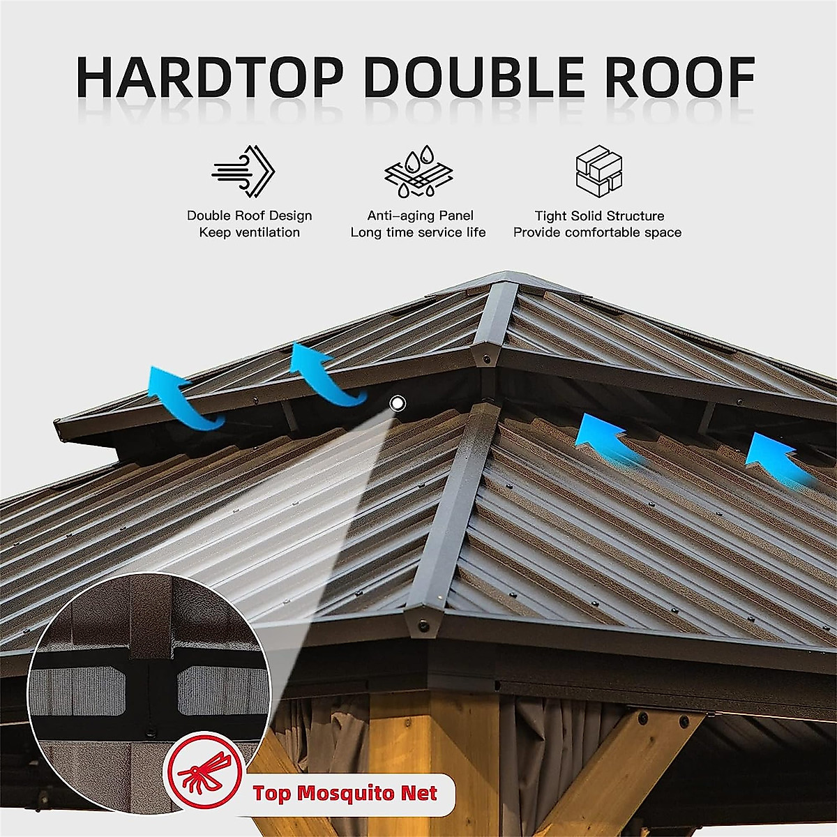 12'x12' Hardtop Gazebo, Outdoor Cedar Wood Frame Canopy with Galvanized Steel Double Roof, Outdoor Permanent Metal Pavilion with Curtains and Netting for Patio, Backyard and Lawn(Brown)