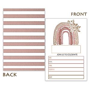Rainbow Birthday Party Invitations,Boho Brown Rainbow Party Invites Cards, For Girls Boys Birthday Party Decoration, party Supplies (20 Invites + Envelopes)
