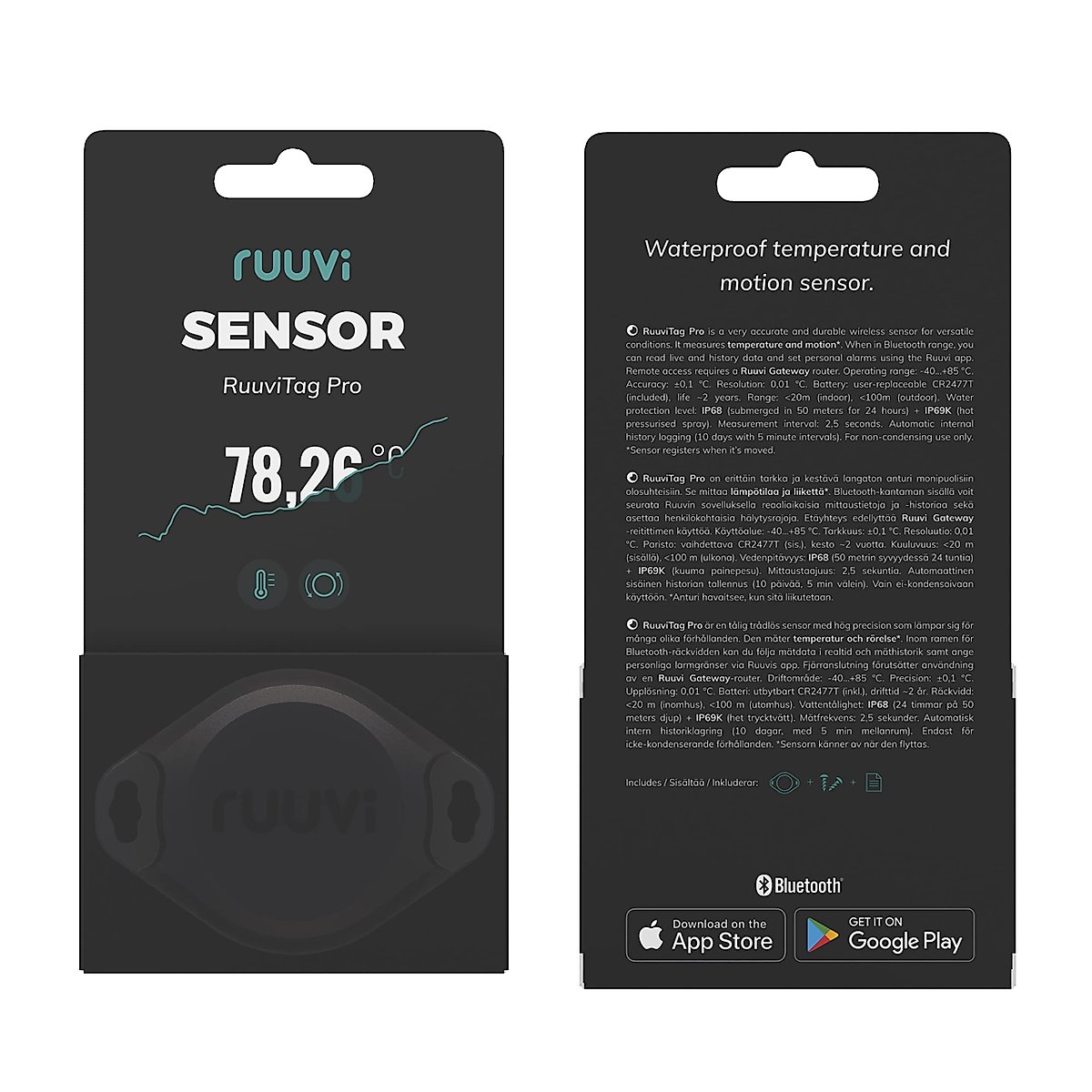 RuuviTag Pro 2in1 Wireless Bluetooth Temperature (°C/°F), and Motion Sensor. Alerts & History. Free Android/iOS apps. Integrates with Victron, Homey, and Home Assistant. Made in Europe.