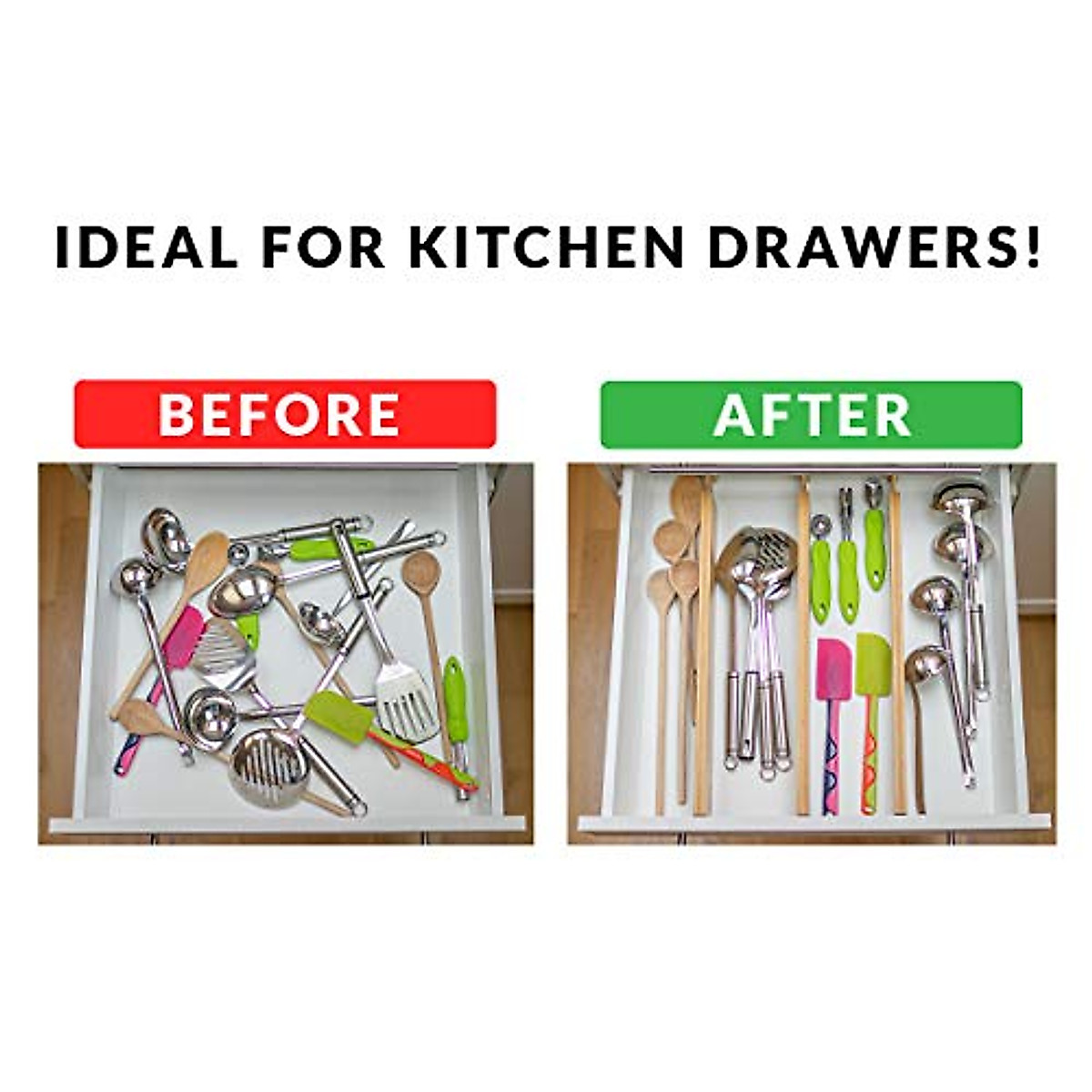 Bamboo Drawer Dividers Organizers 6-pack (12"-17") Adjustable Spring Loaded Drawer Divider Expandable Drawer Organizer Utensil Separators for Kitchen, Bedroom, Dresser, Office, Baby Drawers, Closet