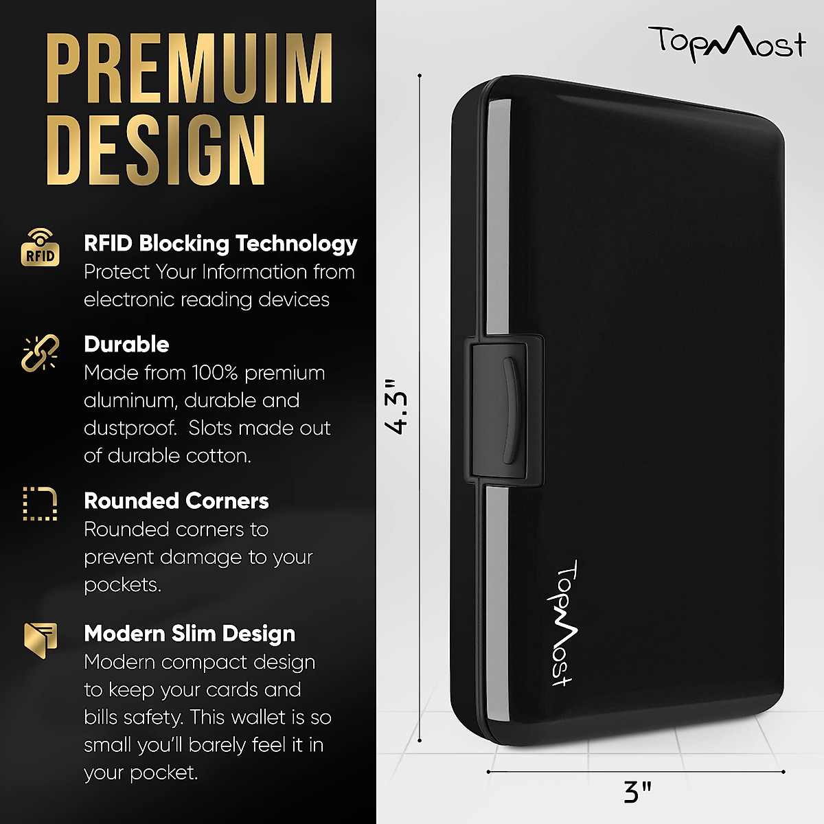 TopMost RFID-Blocking Aluminum Black Wallet Credit Cards Holder for men & women - Slots for 12 Cards And Bills
