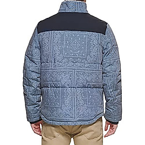 Levi's Men's Quilted Mixed Media Shirttail Work Wear Puffer Jacket, Faded Blue Bandana, Large