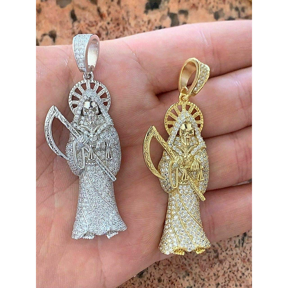 Solid 925 Sterling Silver - Large Men's Grim Reaper Death Pendant - Iced Santa Muerte Piece - Great Necklace (gold-plated-silver)