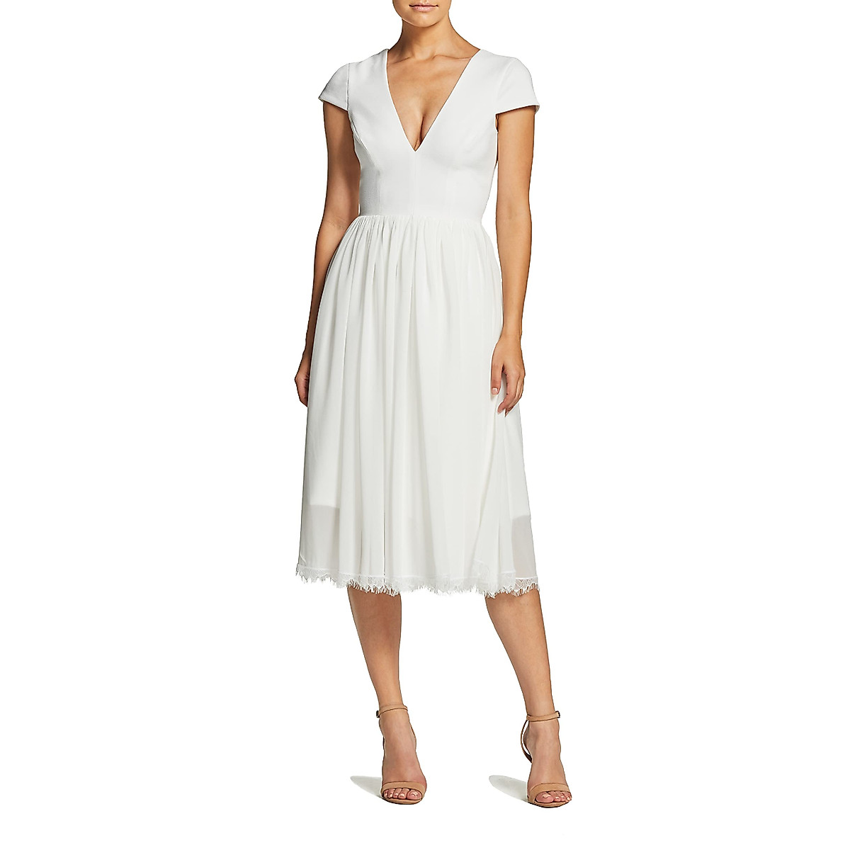 Dress the Population Women's Corey Plunging Mix Media Cap Sleeve A-LINE MIDI Dress Dress, Off White - Corey, xs