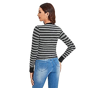 SheIn Women's Striped Mock Neck Shirt Top Long Sleeve Turtleneck Tee T-Shirts Black Stripe Medium