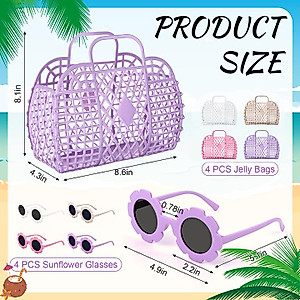 4 Sets Jelly Bags with Sunglasses for Women Wedding Jelly Purse Beach Bags Plastic Jelly Basket Flower Glasses for Bridal Wedding Party Gift