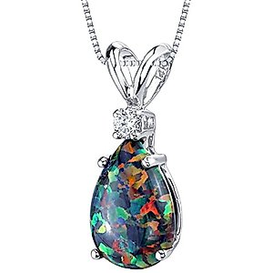 PEORA 14K White Gold Created Black Opal with Genuine Diamond Pendant for Women, Elegant Teardrop Solitaire, Pear Shape, 10x7mm, 1 Carat total