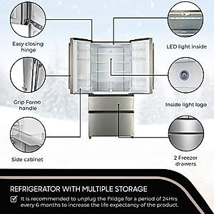 Forno Bovino 33" Inch W. Refrigerator 19 cu. Ft. Frost Free Design Stainless Steel Touch Control French Doors.