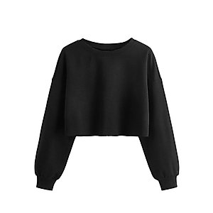 SweatyRocks Women's Casual Long Sleeve Raw Hem Pullover Crop Tops Sweatshirts Black M
