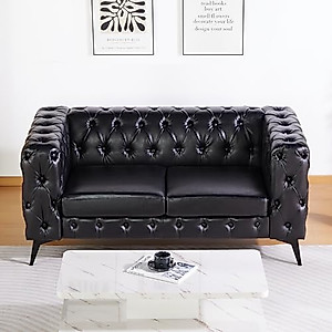 Chesterfield Loveseat, Modern Faux Leather Button Tufted Accent Sofa Couch with Square Arms and Metal Legs for Living Room, Bedroom, Office, Apartment (Black)