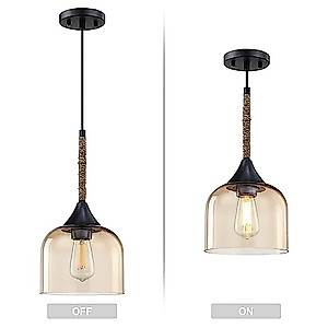 Dolaimi House 1 Light Indoor Hanging Kitchen Island 6.1" Clear Amber Glass Paper Rope Pendant Light Fixtures Black Finish Modern Farmhouse Dinning Room Living Room Over Sink