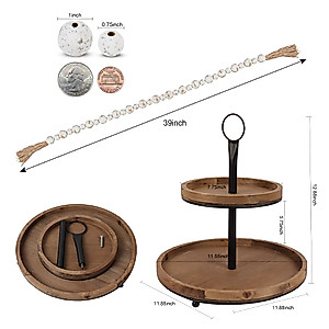 GENMOUS & CO. Farmhouse Tiered Tray Decor with Distressed Wood Bead Garland, Decorative 2 Tiered Serving Tray with Metal Handle for Rustic Home Décor