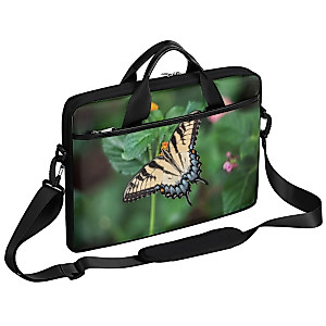 Butterfly Flower Design Laptop Computer Bag Waterproof Shoulder Messenger Bag 13-15 inch Durable Laptop Tote Bag with Shoulder Strap Handle Lightweight Crossbody Briefcase