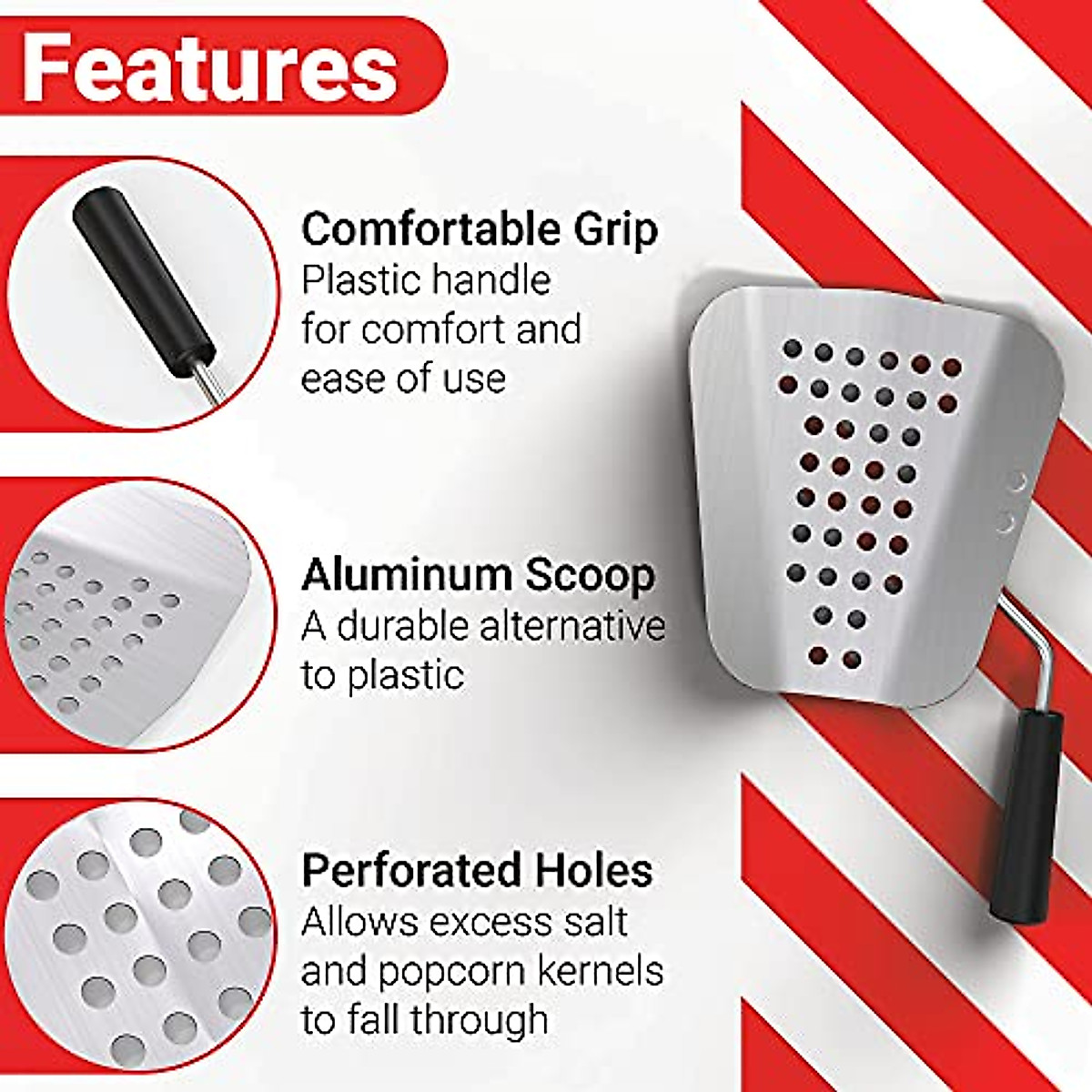 Poppy's Aluminum Popcorn Scoop - Kernel Sifting Speed Scoop for Commercial and Home Use