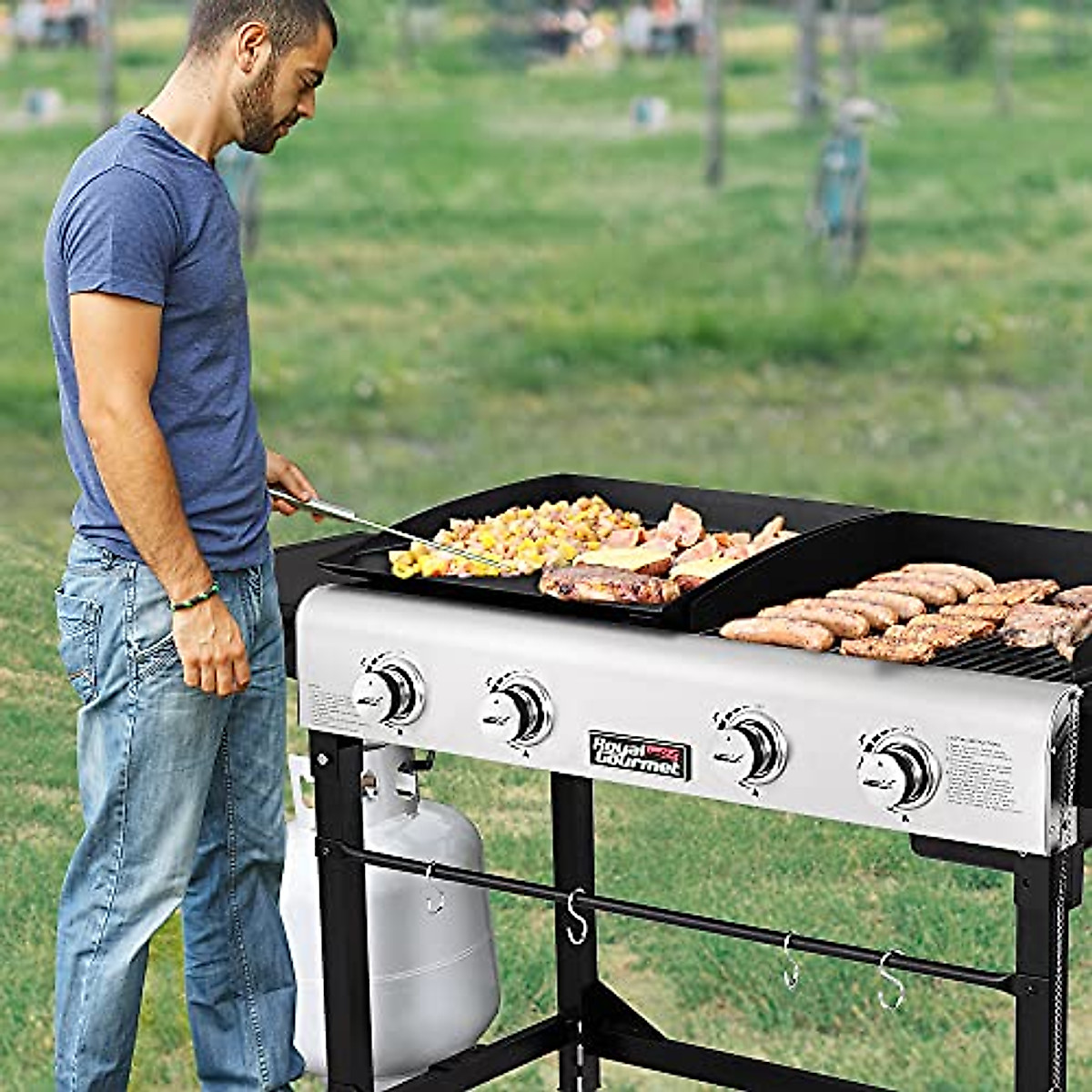 Royal Gourmet GD401 Portable Propane Gas Grill and Griddle Combo with Side Table | 4-Burner, Folding Legs,Versatile, Outdoor | Black
