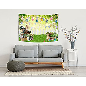 7X5ft Spring Garden Background Easter Photography Backdrop Easter Rabbit Colorful Egg Fence Flag Background Spring Easter Floral Bokeh Photo Studio Booth