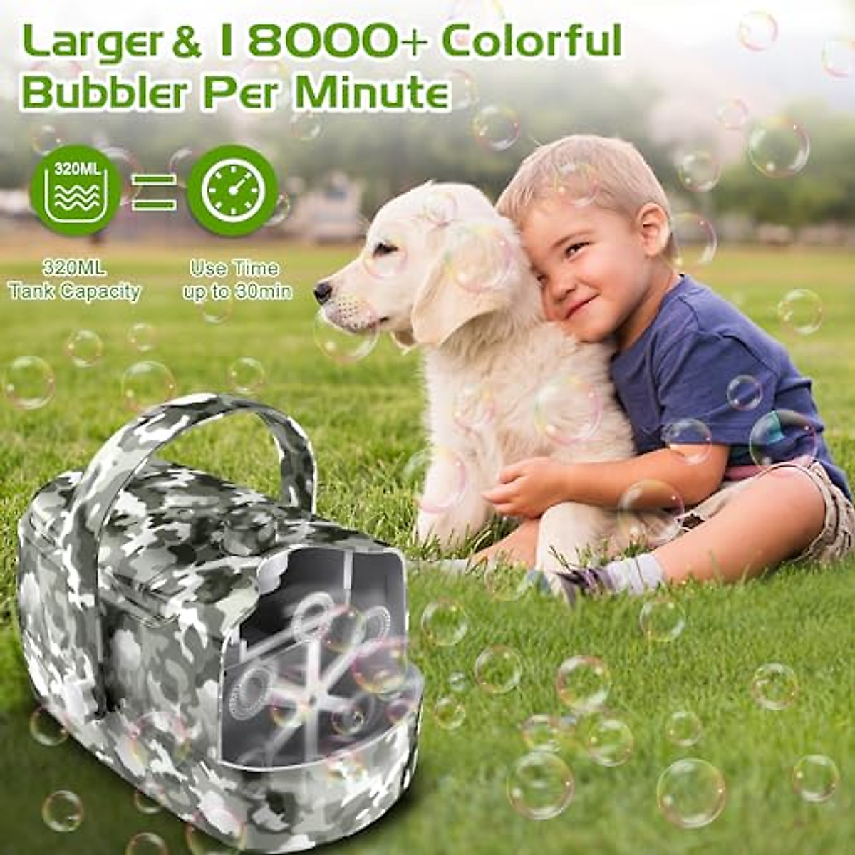 Bubble Machine Durable Automatic Bubble Blower, 18000+ Big Bubbles Per Minute Bubbles for Kids Bubble Maker Operated by Plugin or Batteries Bubble Toys for Indoor Outdoor Birthday Party