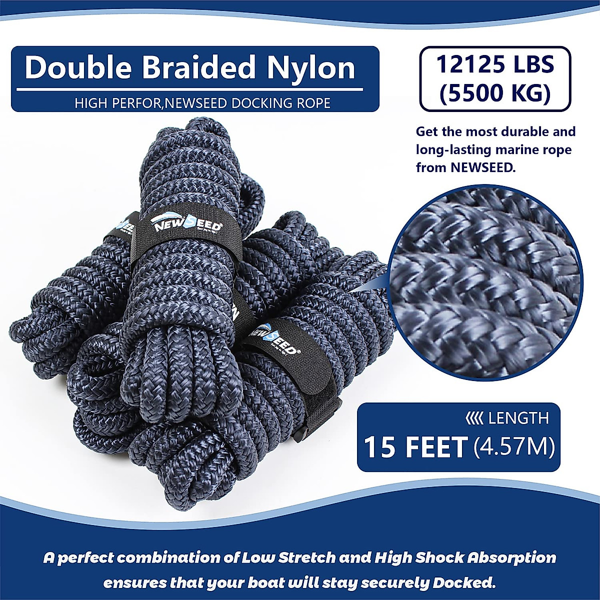 MALZE-NEWSEED 4 Pack 5/8" x 15' Dock Lines Double Braided Nylon Boat Rope with 15" Eyelets, Marine Grade Premium Mooring Lines for Docking Boat & Pontoon, Navy Blue