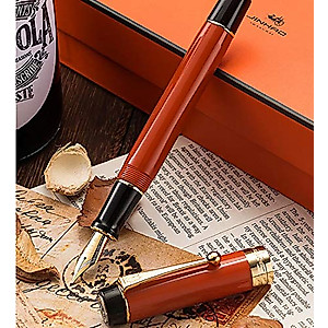 Jinhao Classic Fountain Pen Orange Red Celluloid, Medium Nib with Conveter and Pen Case Set