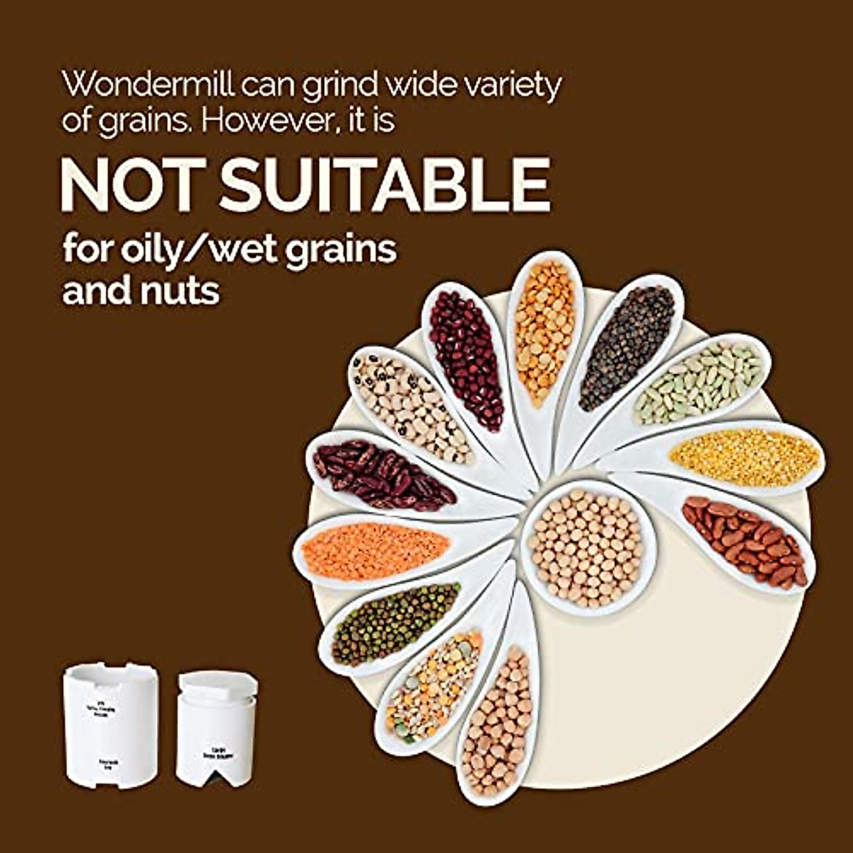 WONDERMILL- Grain Grinder Mill with Flour Canister, Grains & Beans Attachment - Electric Grain Mill Grinder, Wheat Grinder, Flour Mill Machine & Flour Mill Grinder for Home and Professional Use